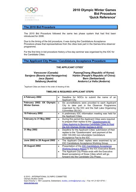 2010 Olympic Winter Games Bid Procedure 'Quick Reference'