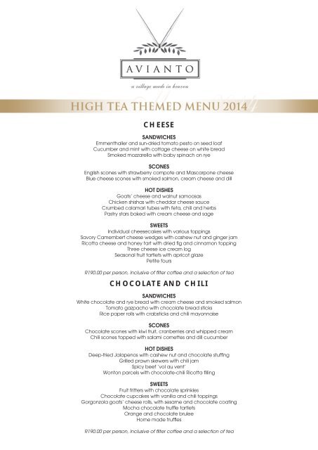 High Tea Menu - Avianto