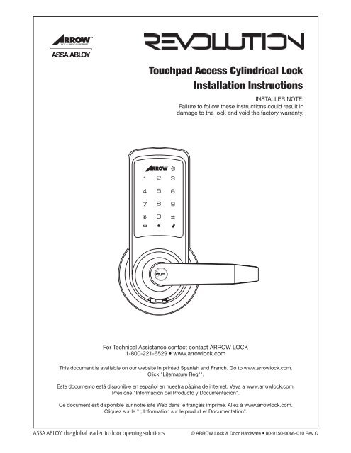 Touchpad Access Cylindrical Lock Installation Instructions - Arrow ...