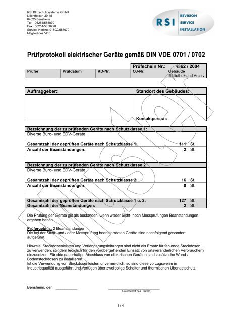 Prüfprotokoll elektrischer Geräte gemäß DIN VDE 0701 / 0702