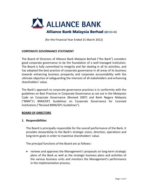 Corporate Governance Statement - Alliance Bank Malaysia Berhad