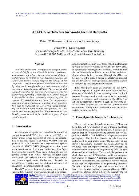 An Fpga Architecture For Word Oriented Datapaths Xputer Lab 9140