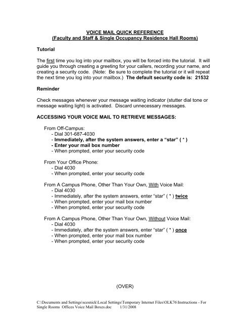 VOICE MAIL QUICK REFERENCE