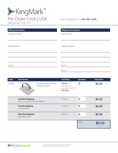 KingMark Pre-Order Form | Fax to 801-881-5239 - Voyant Health