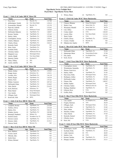 Psych Sheet - Casey Tiger Sharks Swimming Club