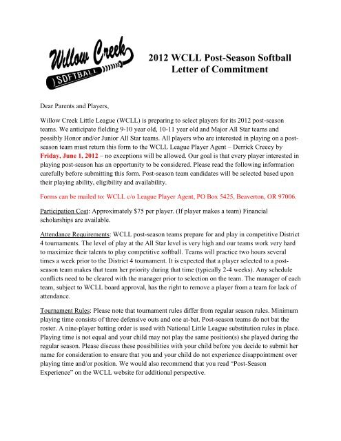 2012 Player Commitment Form - Willow Creek Softball