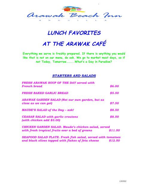 LUNCH FAVORITES AT THE ARAWAK CAFÉ - Arawak Beach Inn