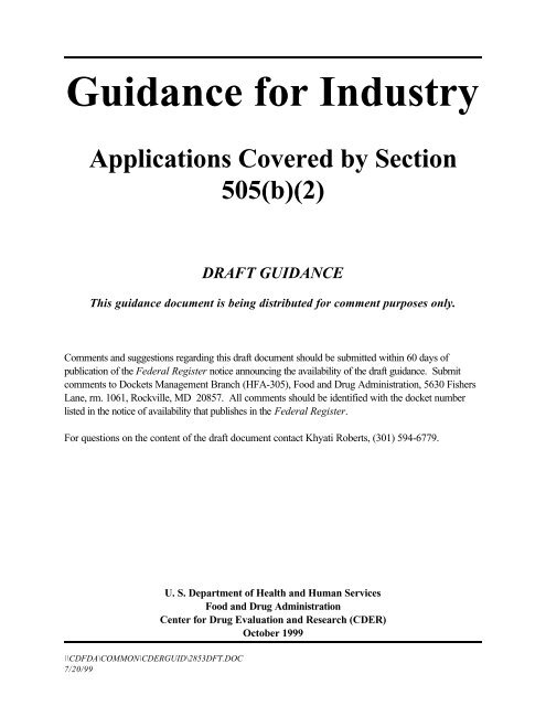 Guidance for Industry Applications Covered by Section 505(b)(2)