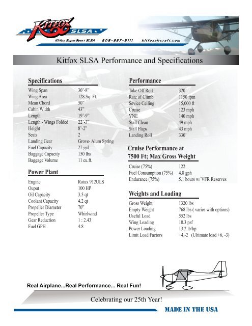 Performance and Specifications - Kitfox Aircraft