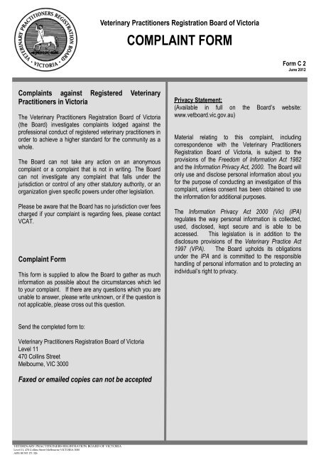 Reviewed Complaint Form Draft 6 2012 - Veterinary Practitioners ...