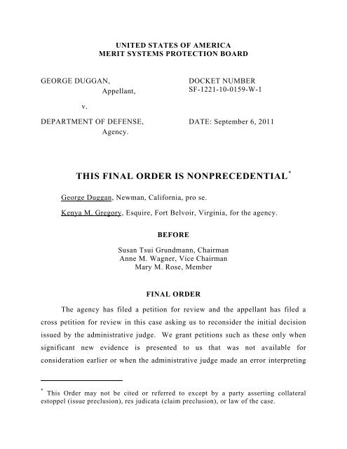 THIS FINAL ORDER IS NONPRECEDENTIAL - MSPB Watch