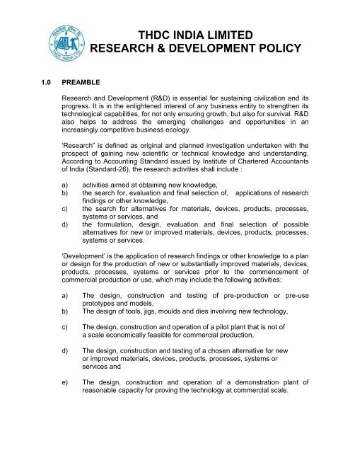 thdc india limited research & development policy - THDC India LTD