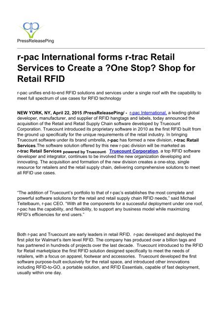 r-pac International forms r-trac Retail Services to Create a "One Stop ...