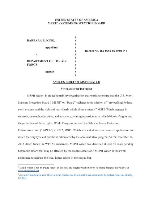 Amicus Brief of MSPB Watch - US Merit Systems Protection Board