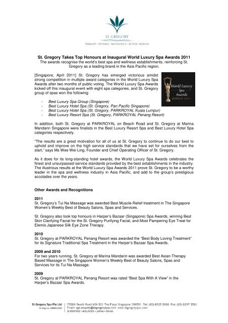 St. Gregory Takes Top Honours at Inaugural World Luxury Spa ...