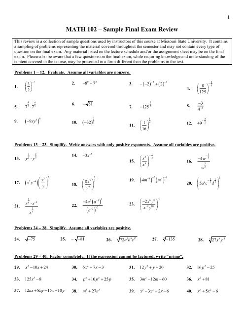 MATH 102 â Sample Final Exam Review - Missouri State University