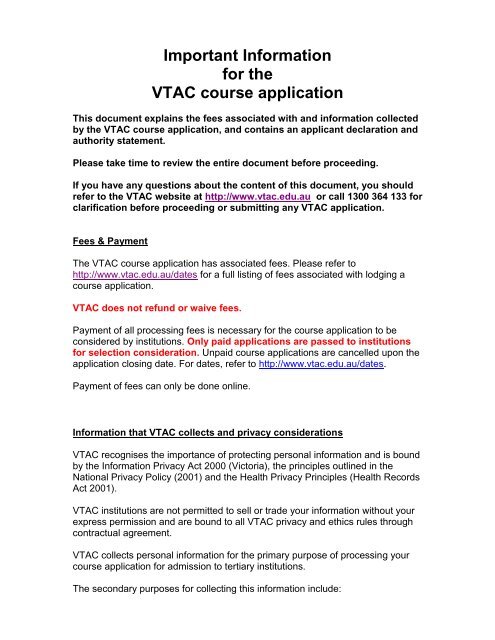 Important Information for the VTAC course application