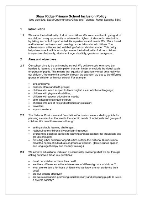 Shaw Ridge Primary School Inclusion Policy