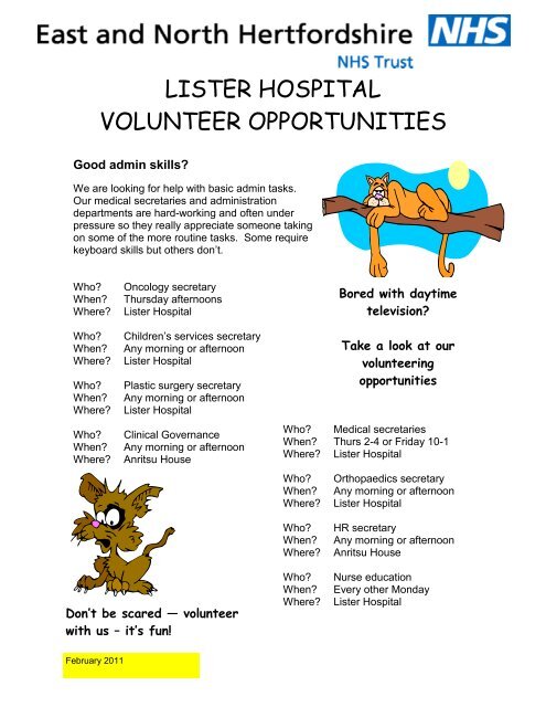 lister hospital volunteer opportunities - East and North Herts NHS Trust