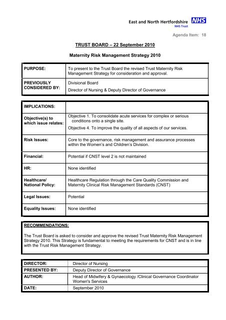 Maternity risk management strategy - East and North Herts NHS Trust