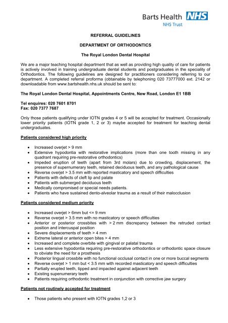 Acceptance criteria for orthodontics - Barts Health NHS Trust