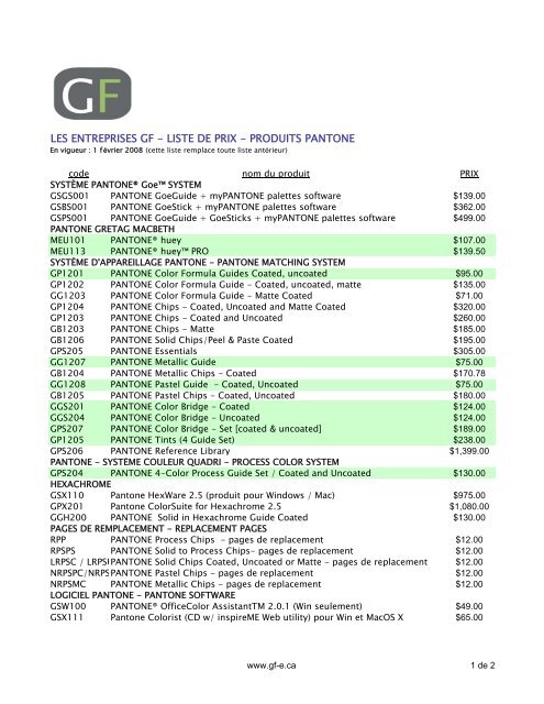 2008 Feb GFE Pantone Price List - Les Entreprises GF