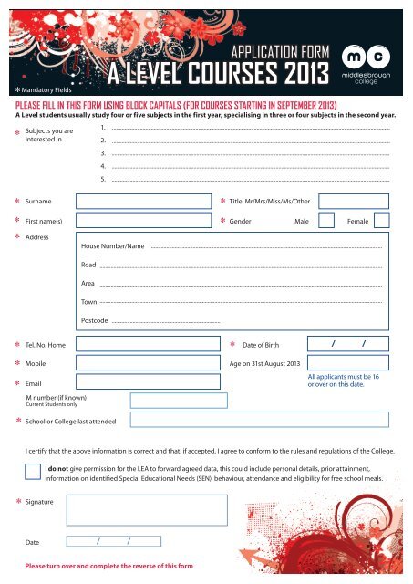 A Levels Application Form - Middlesbrough College