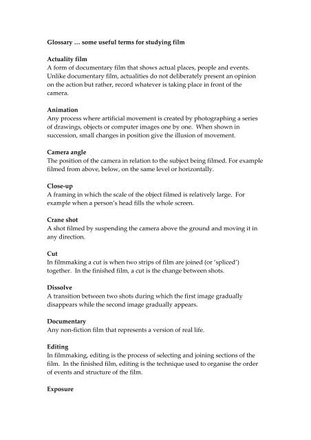 Glossary of film terms - Yorkshire Film Archive