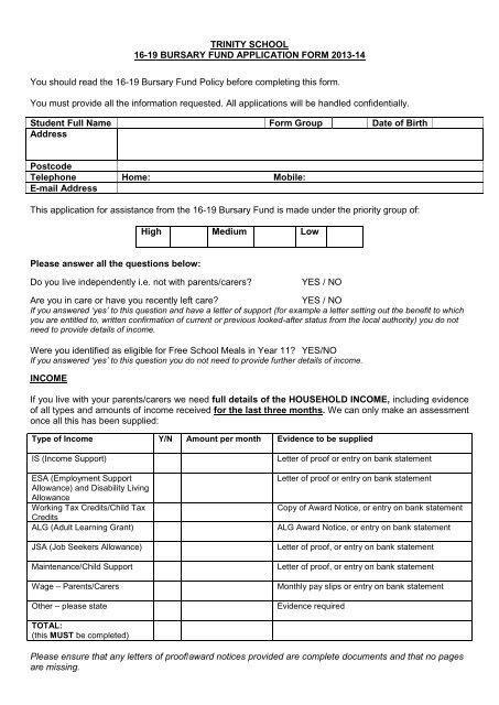16-19 Bursary Fund Application Form 2013-14 - Trinity School