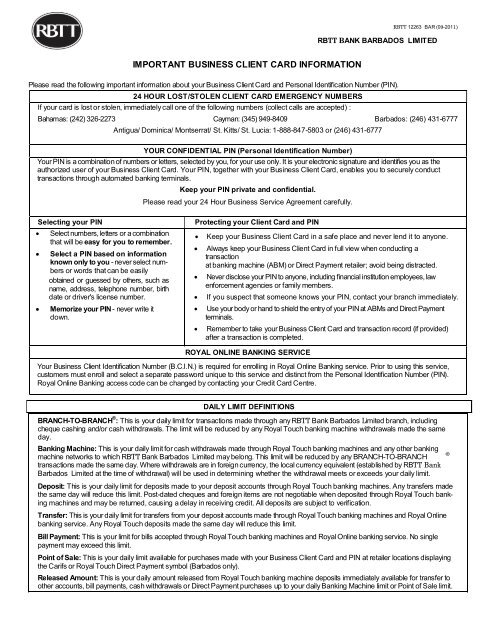 IMPORTANT BUSINESS CLIENT CARD INFORMATION - RBTT