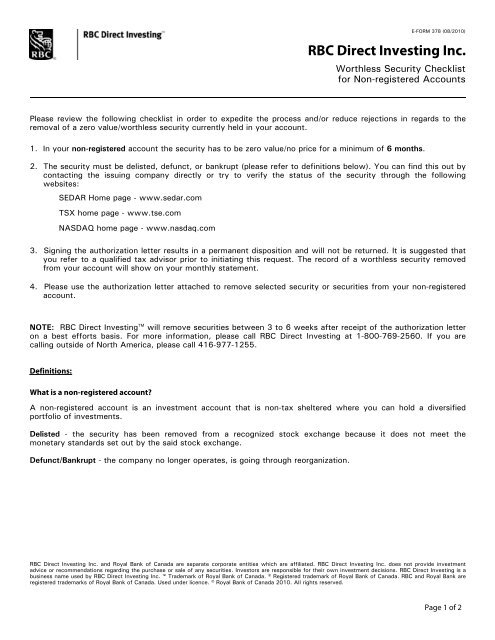 Worthless Security Checklist - RBC Direct Investing