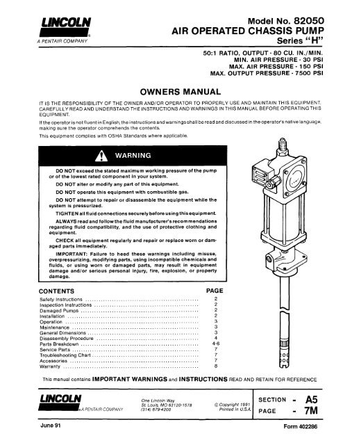 Lincoln Air Operated Grease Pump Parts Outlet USA | www.pinnaxis.com