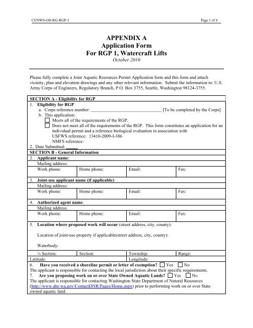 APPENDIX A Application Form For RGP 1, Watercraft Lifts - U.S. Army