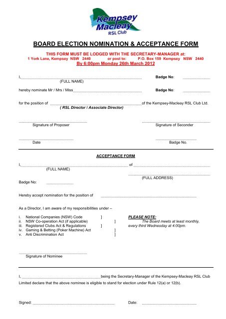 board election nomination & acceptance form - Kempsey Macleay ...