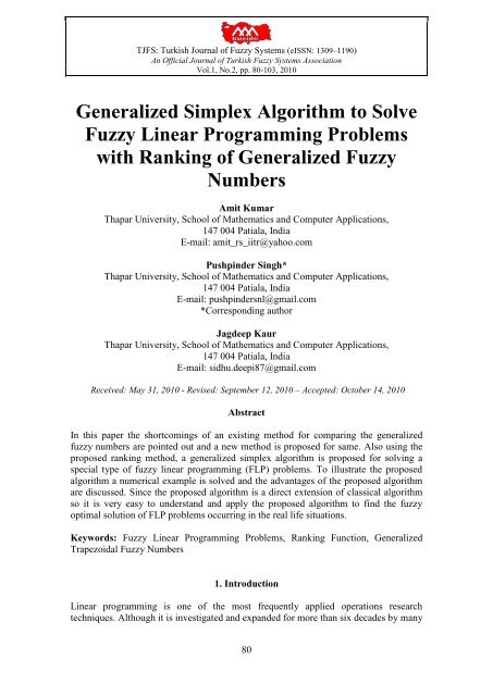 Generalized Simplex Algorithm To Solve Fuzzy Linear Programming