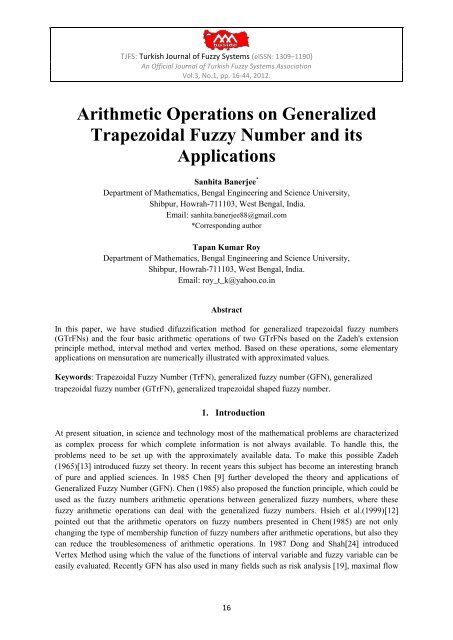Arithmetic Operations on Generalized Trapezoidal Fuzzy Number ...