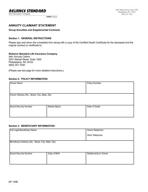 ANNUITY CLAIMANT STATEMENT - Reliance Standard