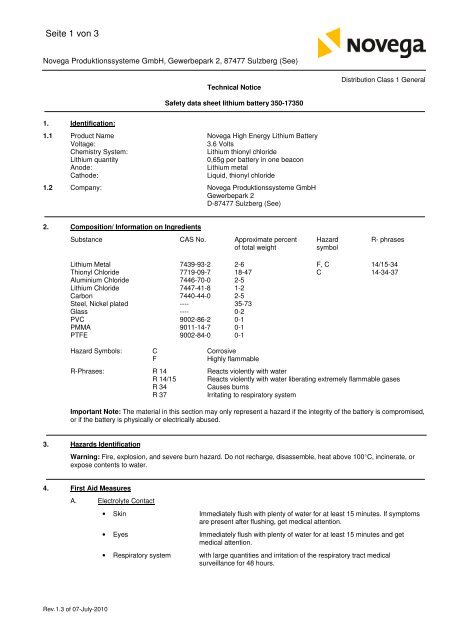 Safety data sheet lithium battery 350-17350 - Novega ...