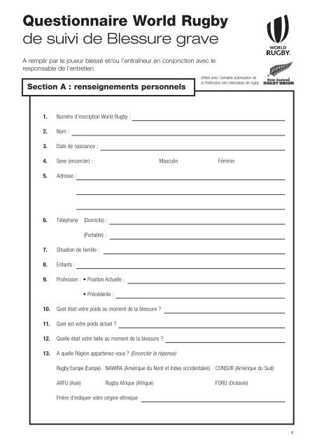 Questionnaire IRB de suivi de Blessure grave - IRB Rugby Ready