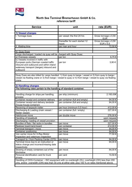 Reference Scale of Charges - Nordsee Terminal Bremerhaven