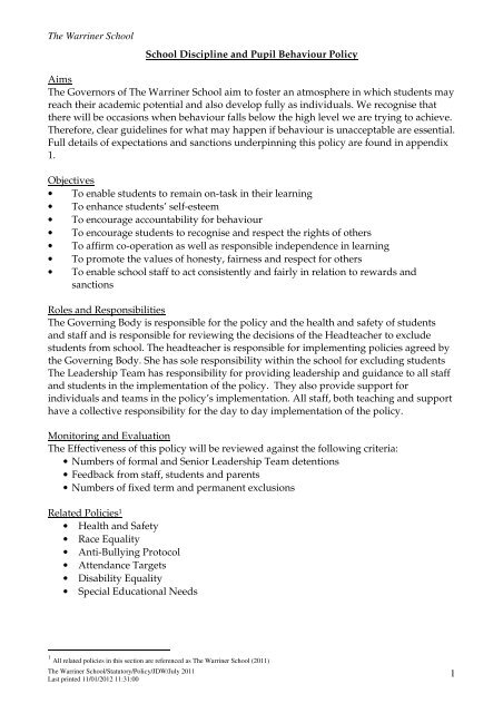 The Warriner School 1 School Discipline and Pupil Behaviour Policy ...
