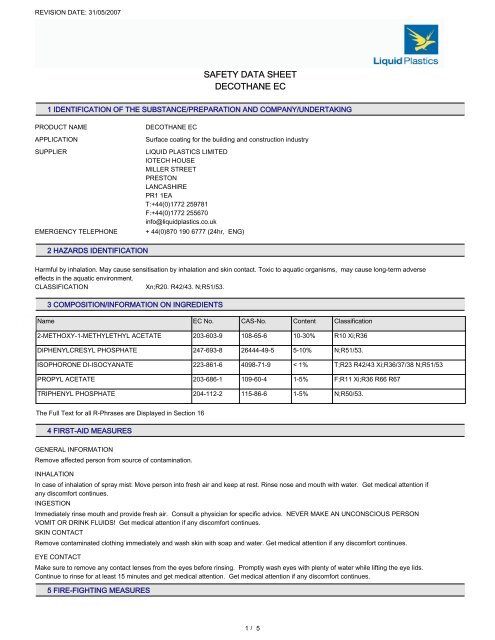 Decothane EC Roof Paint Safety Sheet - Promain