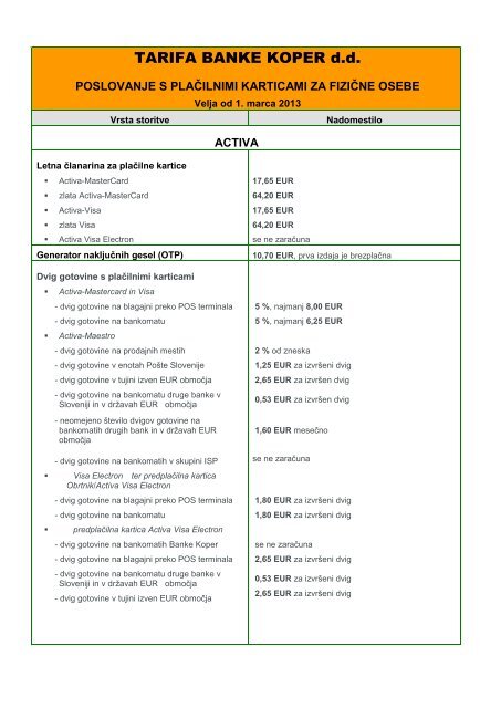TARIFA BANKE KOPER d.d. - Banka Koper