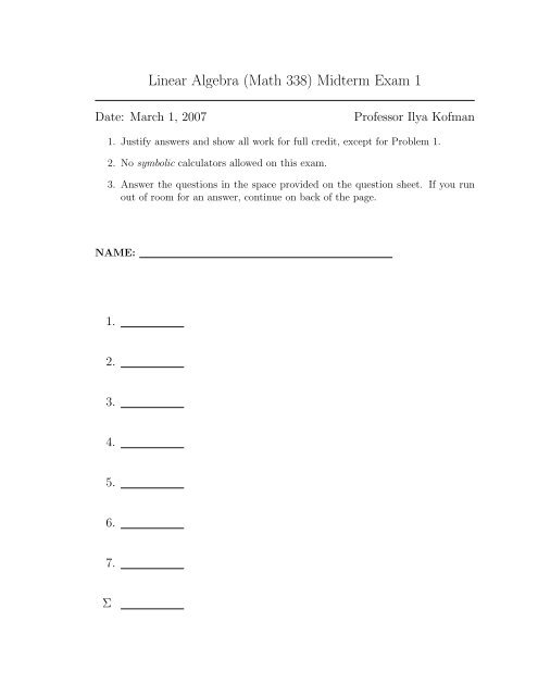 Linear Algebra (Math 338) Midterm Exam 1