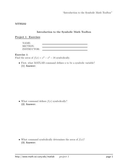 â Introduction to the Symbolic Math Toolboxâ MTH232 ... - CUNY