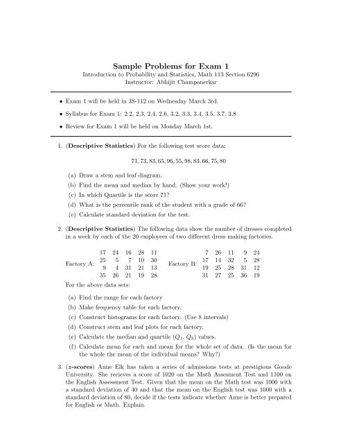 Sample Problems for Exam 1