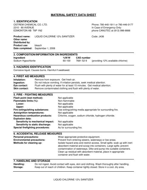 Liquid Chlorine Msds Sheet