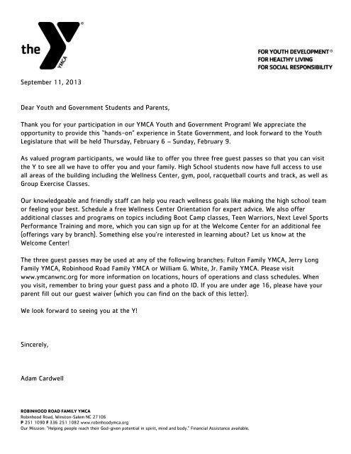 Membership Letter - YMCA of Northwest North Carolina