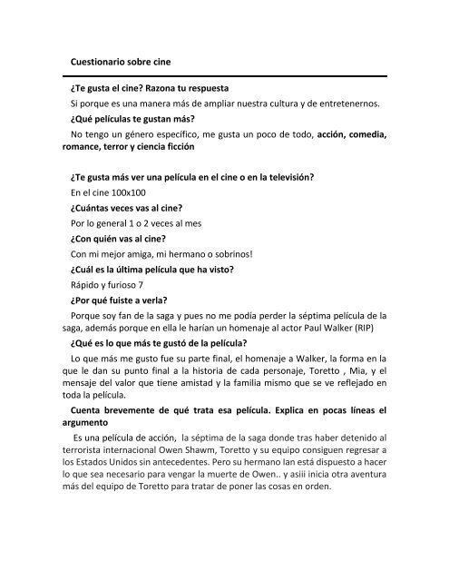 Cuestionario sobre cine