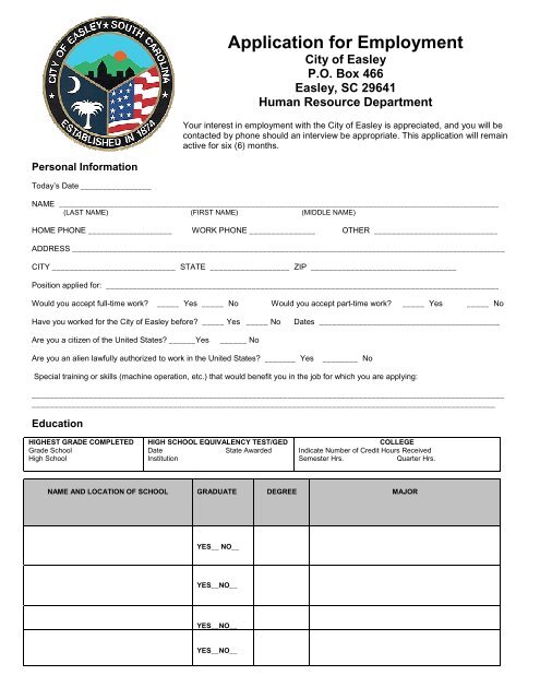 Supplemental Application - Easley Police Department